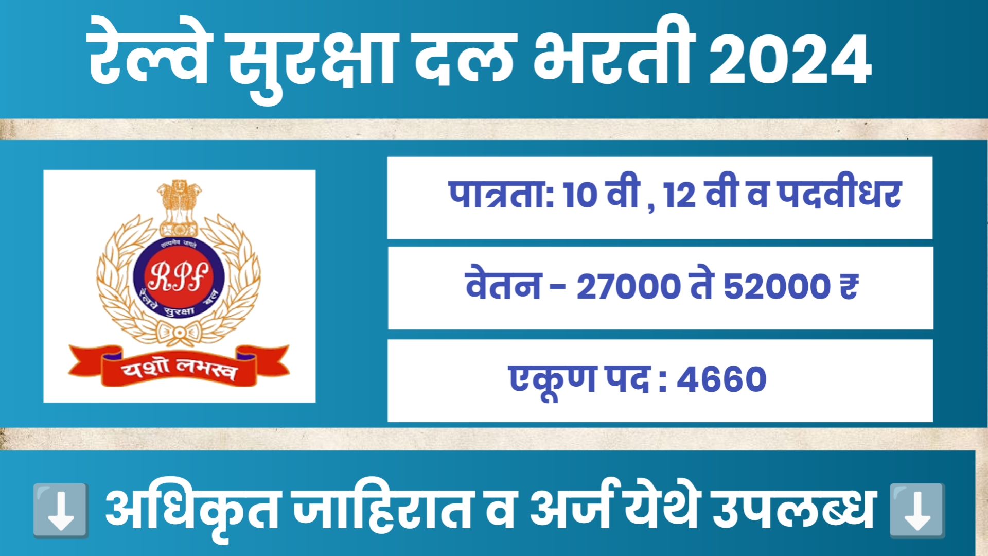 RPF Bharti 2024 : रेल्वे सुरक्षा दल मध्ये एकूण 4660 पदांची भरती ...